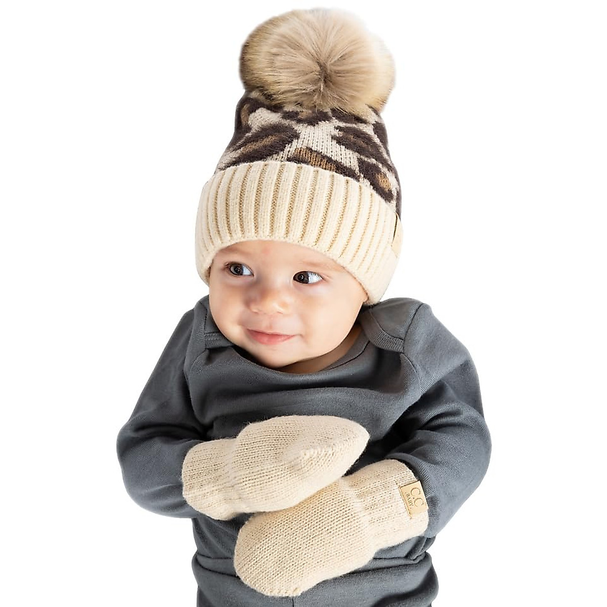Funky Junque Infant Pom Beanie and Mittens Set - Leopard Beige