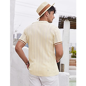 COOFANDY Beach Button Up Shirts for Men Knitted Collar Short Sleeve Polo Shirt Summer Vacation Cream