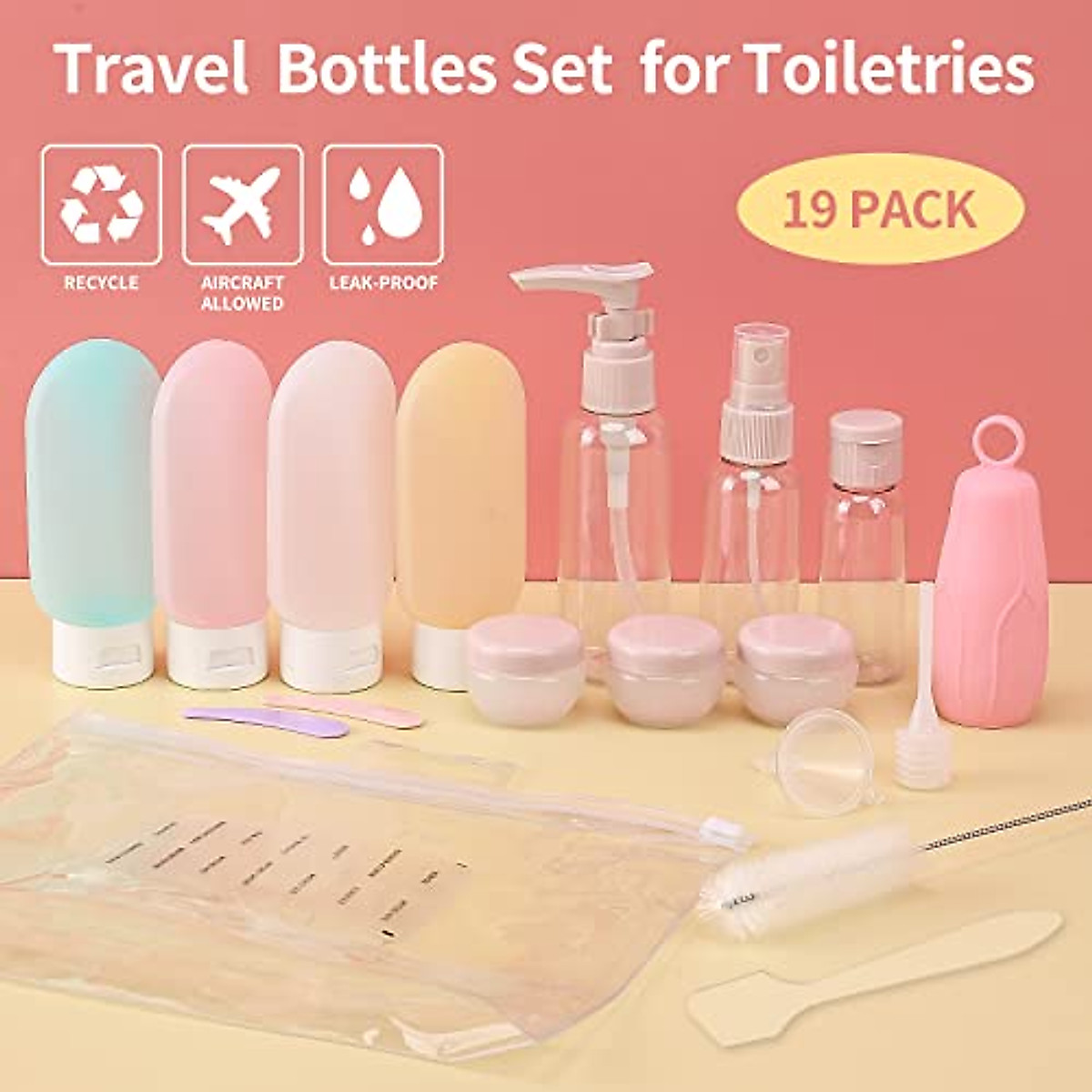 CCTIVED Travel Size Bottles for Toiletries, 19 Pack TSA Approved Travel Bottles for Women, Leak Proof Refillable Travel Containers Toiletery Kit for Shampoo Conditioner Lotion