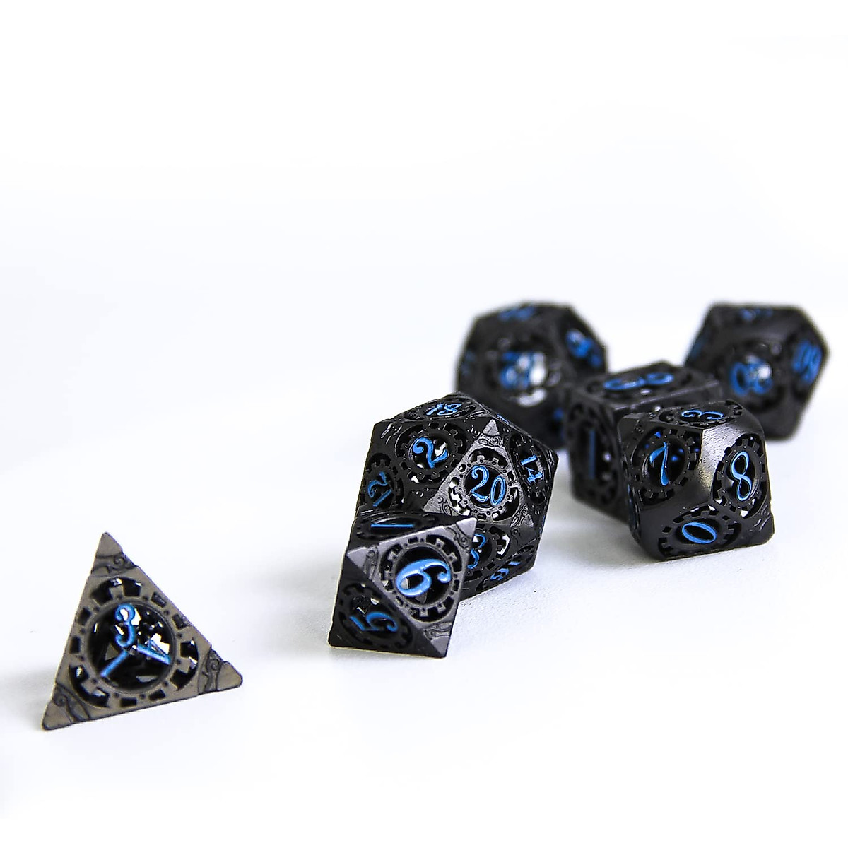 BEWTEIM New Version Steampunk Gear DND Dice Set 7pcs Polyhedral Dice d&d Dungeons and Dragons Dice Gifts RPG,MTG,Pathfinder Role Playing Games (Black Blue, Hollow)
