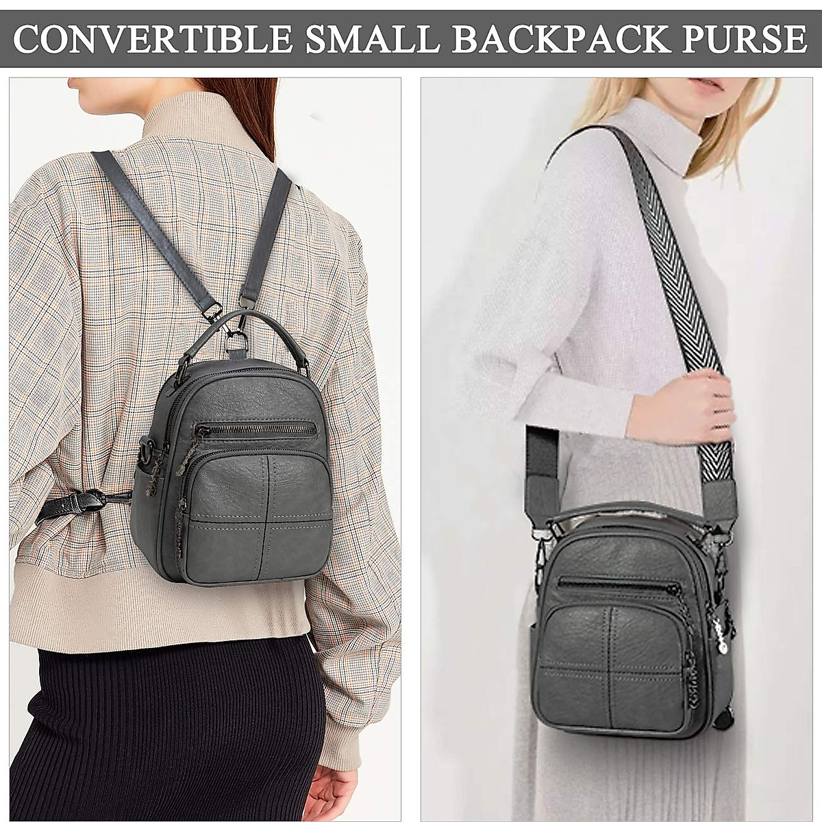 Kasqo Mini Backpack Purse for Women, Square Small Convertible PU Leather Backpack Fashion Shoulder Bag for Ladies -Brown