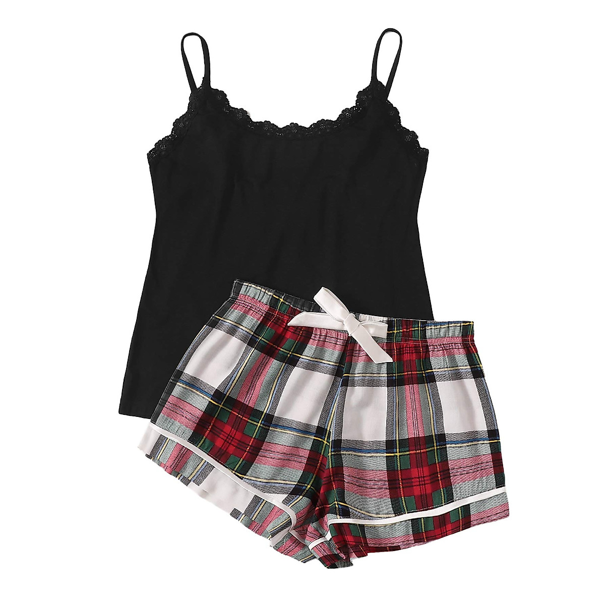 SweatyRocks Women's Sleepwear Set Plaid Print Cami Top and Elastic Waist Short Pajama Set Multicolor Large