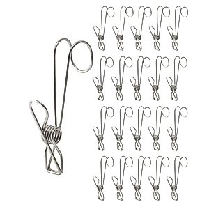 Generic 20 Clips Pack Stainless Steel Clothespins with Hooks Metal Spring Universal Long Hanging Clip for Offices Kitchens Bathroom