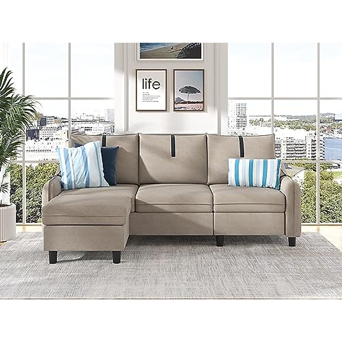 Pingliang Home 80" Sectional Sofas for Living Room, 3 Seat L Shaped Couch with Reversible Ottoman, Modern Linen Fabric Small Sectional Couch for Apartment Small Space, Beige