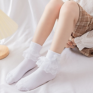 6 Pairs Toddler Baby Girls Ruffle Lace Trims Socks Princess Dress Bowknot Cotton White Ankle Soft Frily Socks Kids Child 4-6T