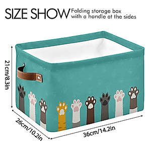 Kigai Foldable Rectangular Storage Baskets - Fabric Shelves Storage Bins with Leather Handles for Organizing Closet Clothes, Toys, Towels, Bedroom, Bathroom, Nursery, Office (Cute Cat Paws,2 PCS)