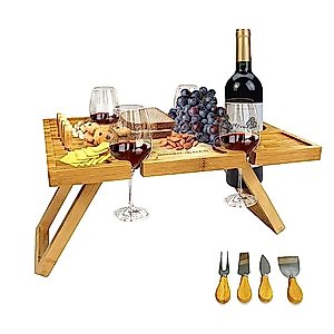 PERLADAR Portable Picnic Table for Wine and Glass, Outdoor Wooden Foldable Champagne Picnic Table, Bamboo Snack & Cheese Tray for Beach/Indoor/Outdoor