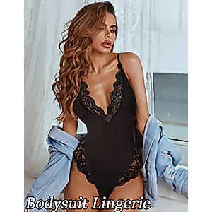 Avidlove Sexy Lingerie for Women Lace Deep V Bodysuit Snap Crotch Teddy Black S