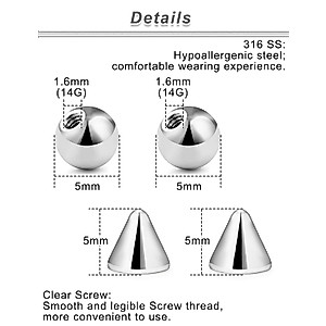 Ocptiy 14G 5mm Replacement Balls Fake Piercing Part Stainless Surgical Steel Lip Septum Eyebrow Labret Monroe Nipple Tongue Belly Navel Ring Cartilage Tragus Industril Earring Fuax Piercing Jewelry