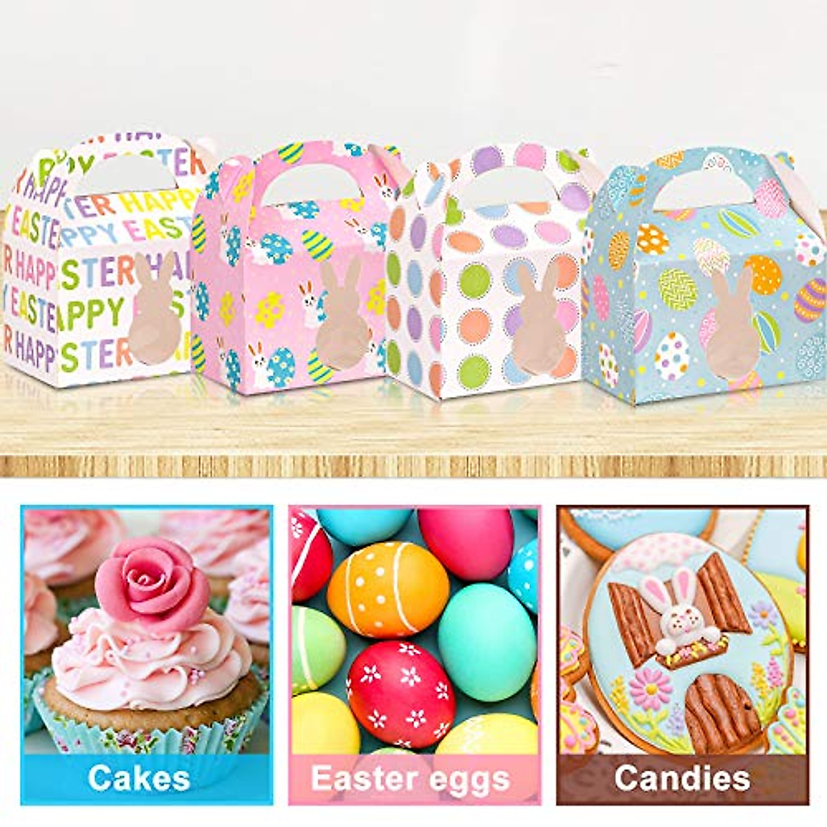 Whaline 12pcs Easter Treat Boxes Happy Easter Gift Box Bunny Eggs Easter Basket Containers Hollowing Rabbit Shape Candy Goody Cookie Holder With Handle for School Classroom Party Favor decor