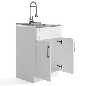 SIMPLIHOME Hennessy Contemporary 24 Inch Deluxe Laundry Cabinet with Faucet and Stainless Steel Sink in Pure White, For the Laundry Room and Utility Room
