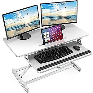 AboveTEK Standing Desk Converter, 36" Stand Up Desk Riser with Gel Wrist Rest, Tabletop Sit Stand Desk Fits Dual Monitors, Two Tiered Adjustable Height Desk with Removal Keyboard Tray, White