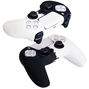 YoRHa Studded Silicone Cover Skin Case for PS5 Controller x 1(Black&White) with Pro Thumb Grips x 8