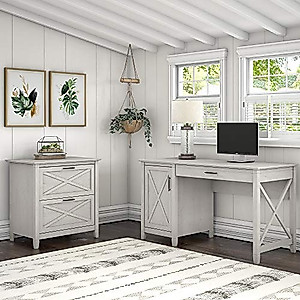Bush Furniture Key West 54W Computer Desk with Storage and 2 Drawer Lateral File Cabinet in Linen White Oak