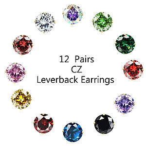 JOERICA 12 Pairs Leverback Dangle Earrings Set for Women Gold Plated CZ Stainless Steel Earrings 10MM Multicolor Cubic Zirconia Drop Earrings