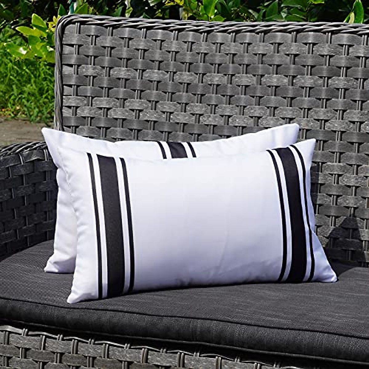 ONWAY Outdoor Pillow Covers 12X20 Waterproof Set of 2 Lumbar Throw Cushion Cover White and Black Striped Outdoor Pillows for Patio Furniture