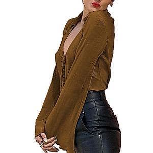LYANER Women's Deep V Neck Button Front Bell Long Sleeve Blouse Shirt Top Brown Small