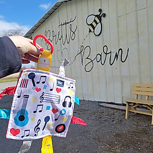 Baby Jack & Co 8x8” Music Lovey Tag Toys for Babies - Baby Crinkle Toys - Crinkle Toys for Baby - Soft & Safe - Learn Shapes & Colors - Ideal Baby Toy - BPA Free w/Stroller Clip