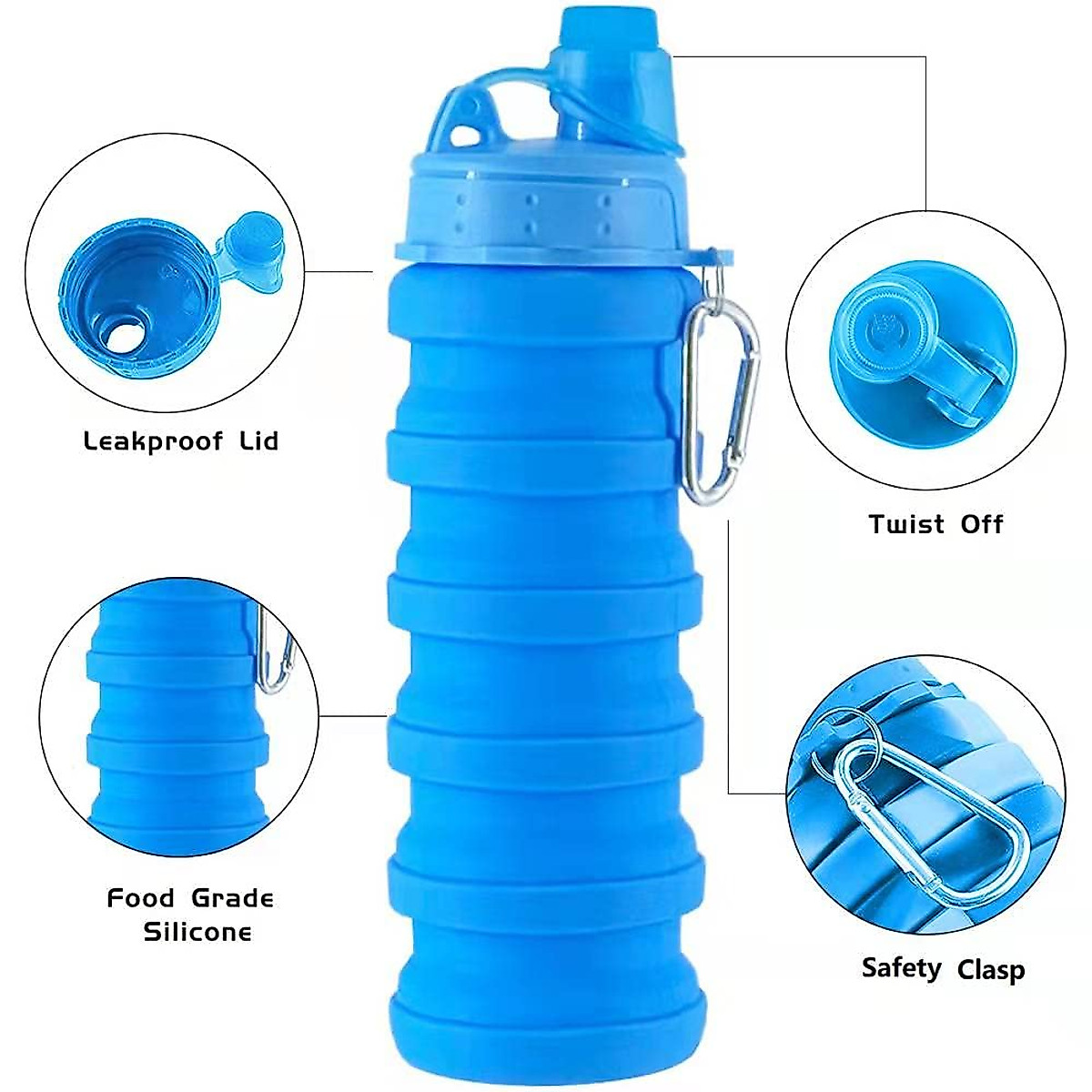 konlongzan Collapsible Water Bottle Travel Water Bottle Portable Hiking Water Bottle with Leak proof Twist Cap 500ML Reusable BPA Free Silicone Water Bottles (Style1, Blue)