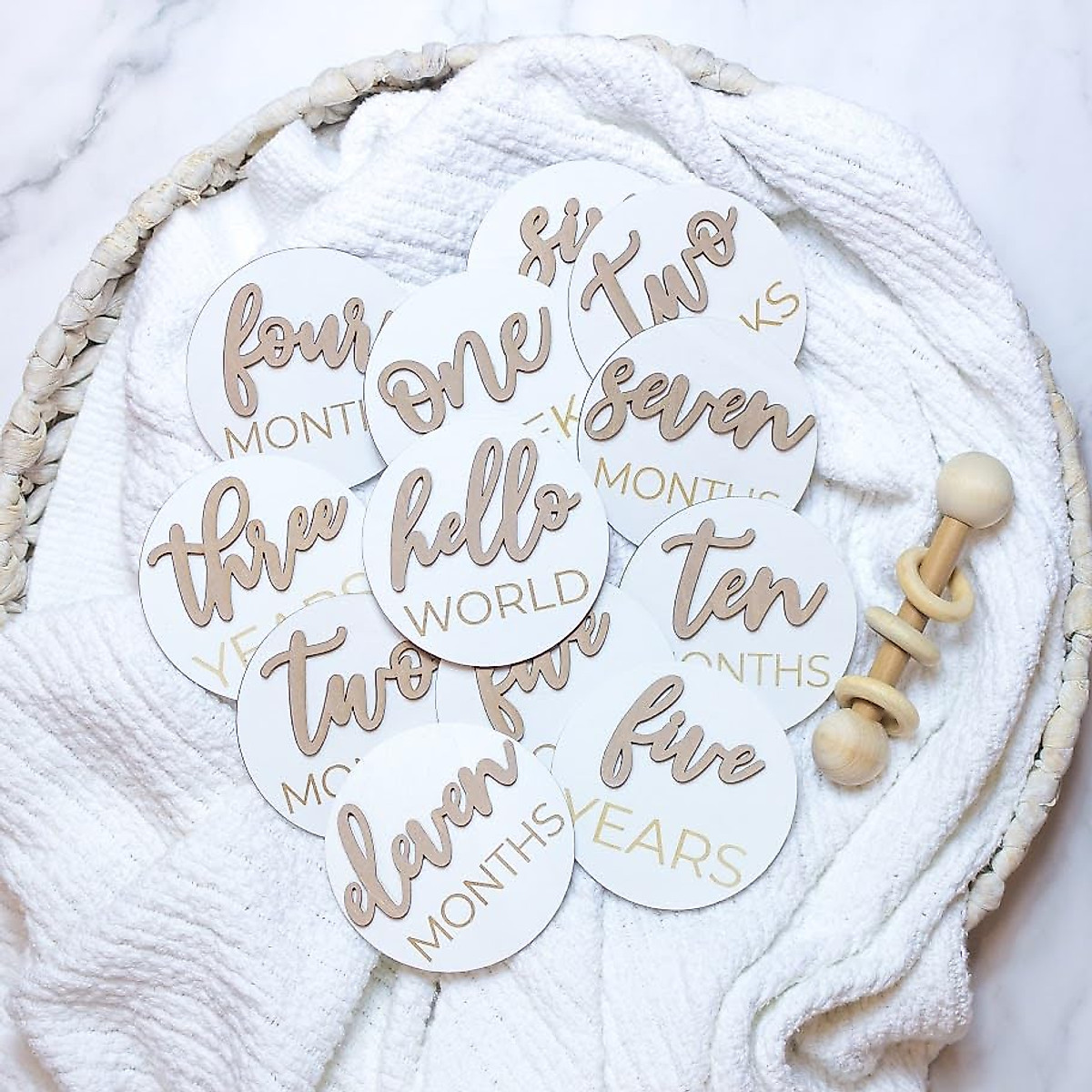 Wooden 3D Monthly Milestone Discs for Baby Photos (20 pcs Set), First Year Monthly Milestone Marker, Includes 1-5 Years, White Stained