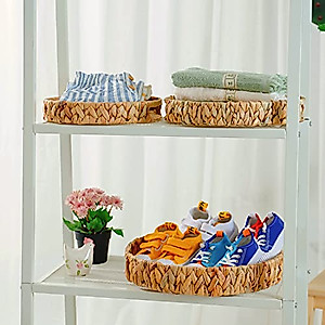 Hand-Weaving Natural Water Hyacinth Storage Baskets,Wicker Serving Trays with Built-in Handles，Open Storage Organizer Serving Basket,Perfect for Shelving Units