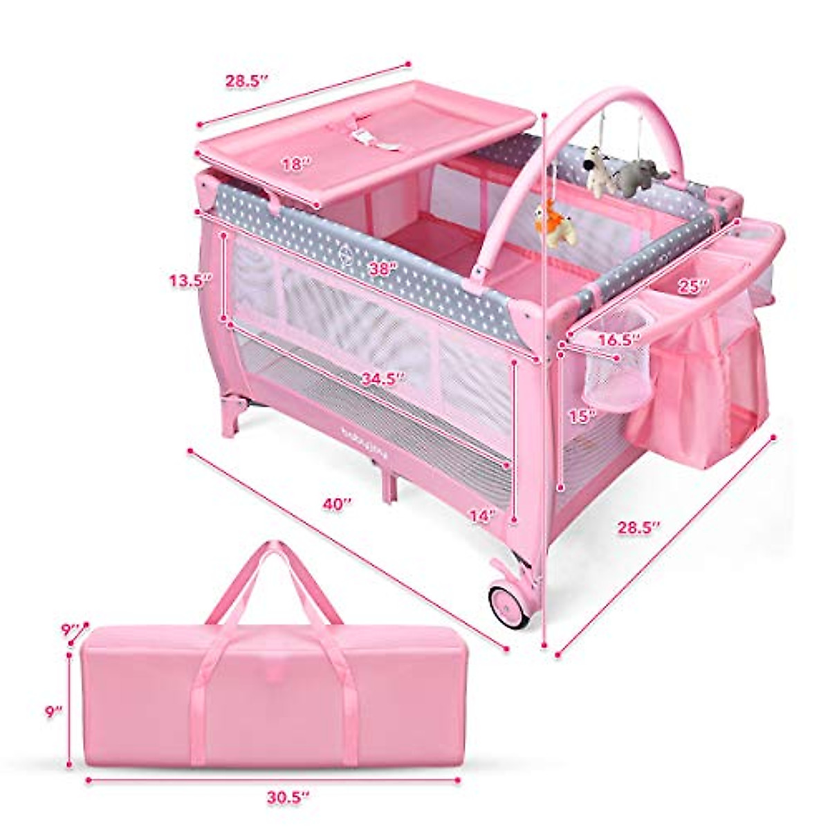 HONEY JOY Pack and Play with Bassinet, 3 in 1 Portable Baby Playard with Infant Full-Size Bassinet & Changing Table, Diaper Stacker, Foldable Play Yard Nursery Center w/Toy Bar, Oxford Bag (Pink)