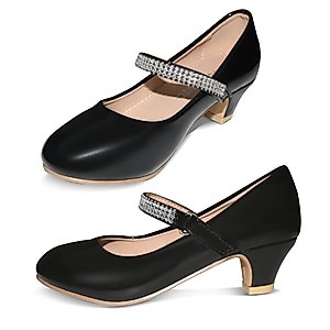 BESSIVIC Girls Dress Shoes Mary Jane Shoes for Girls with Low Heel, Princess Flower Ballet Flats for Wedding School Party Black US 2