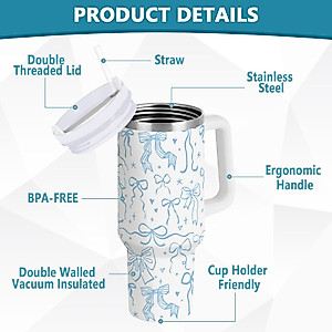Bseiialft 40 oz Tumbler with Handle Blue Bows Heart Star Water Bottle with Lid and Straw Vacuum Insulated Cup Stainless Steel Travel Coffee Mug for Home Office Car