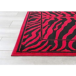 Modern Animal Print Skin Red & Black Area Rug Zebra Bordered African Carpet (5’ 3” X 7’ 5”)
