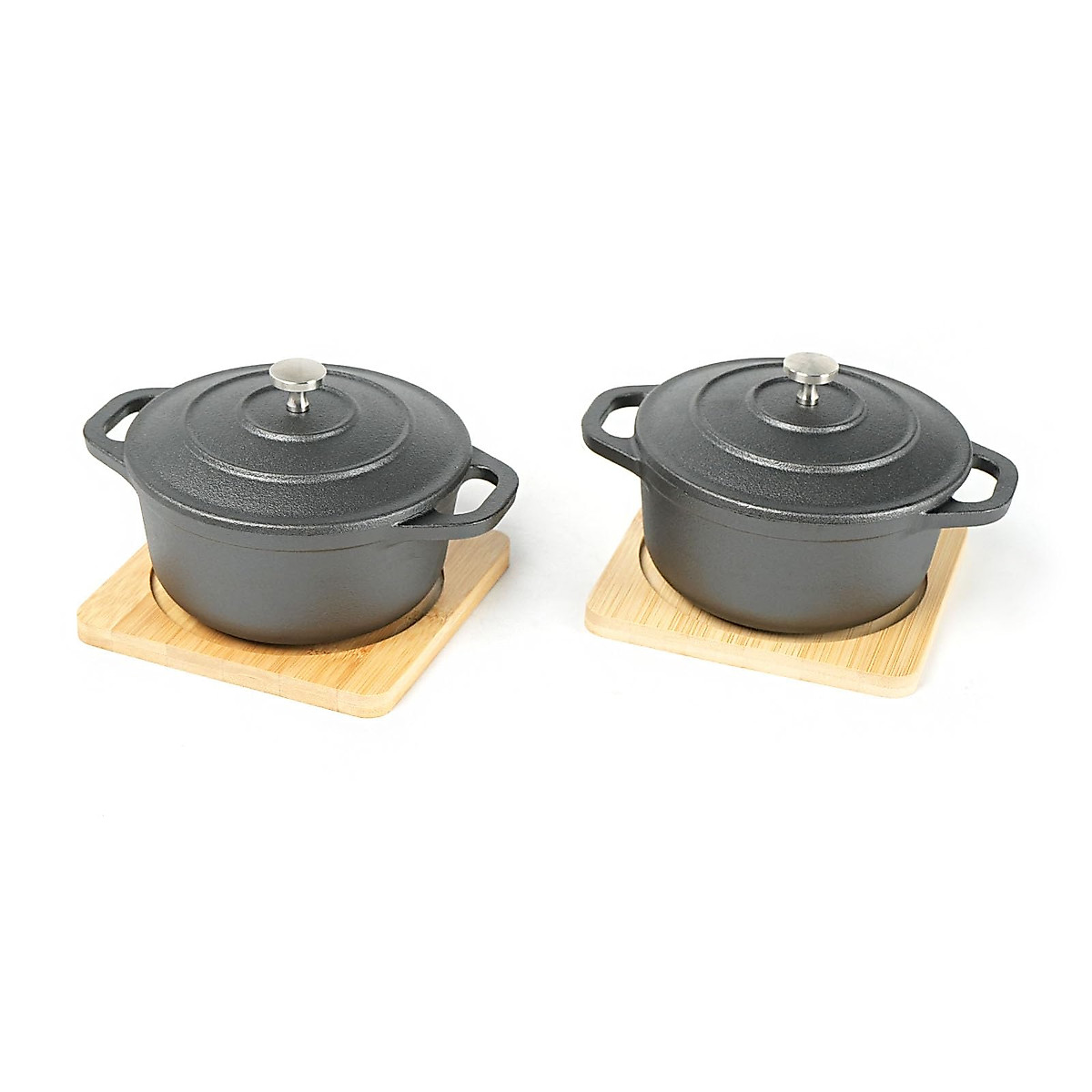 Pre-seasoned Cast Iron Mini Round Cocotte Set, 0.5QT Mini Dutch Ovens with Lids and Bamboo Trays, Dia.4.8 inch, Set of 2, Black