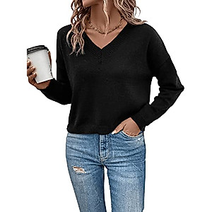 SweatyRocks Women's Casual V Neck Drop Shoulder Pullover Sweater Long Sleeve Knitted Top Black M