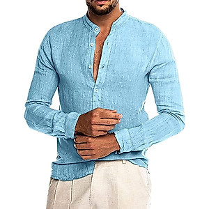 Men Linen Button Up Dress Shirt Long Sleeve Casual Cotton Beach T Shirts Stand Collar Solid Color Summer Yoga Tops (Light Blue,X-Large)