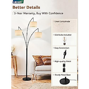 LEDIARY 3 Light Arc Floor Lamp, 82.7" Modern Black Floor Lamp for Living Room, 2400LM Tall Standing Lamp, Mid Century Tree Floor Lamp for Bedroom Office, 3 LED Bulbs Included