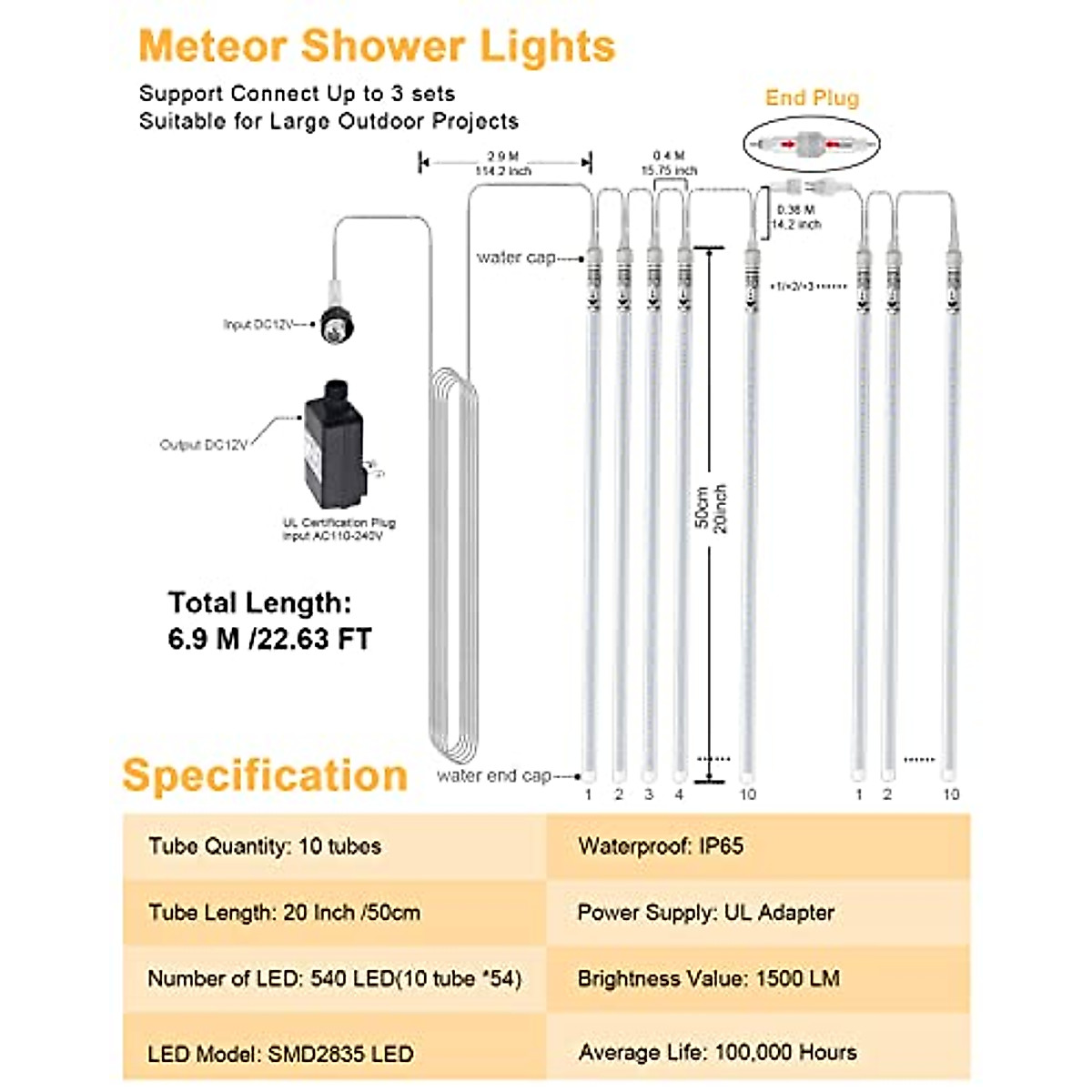 EAGWELL Outdoor Shower Lights, Warm White Meteor Shower Lights 50cm 10 Tube 540 LEDs Falling Rain Lights, Waterproof Meteor String Lights for Garden Yard Porch Wedding Party Christmas Tree Decor