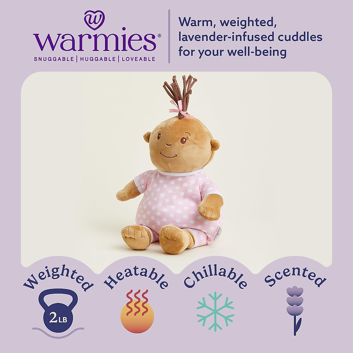 warmies Microwavable & Weighted Stuffed Animals, Baby Girl Darker Skin - Heated Stuffed Animal Plushie for Warmth & Comfort - Soft Plush Toys for Adults & Children (Boys, Girls, Babies & Toddlers)