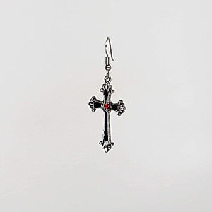 Gothic Victorian Cross Dangle Earrings with Red Austrian Crystals