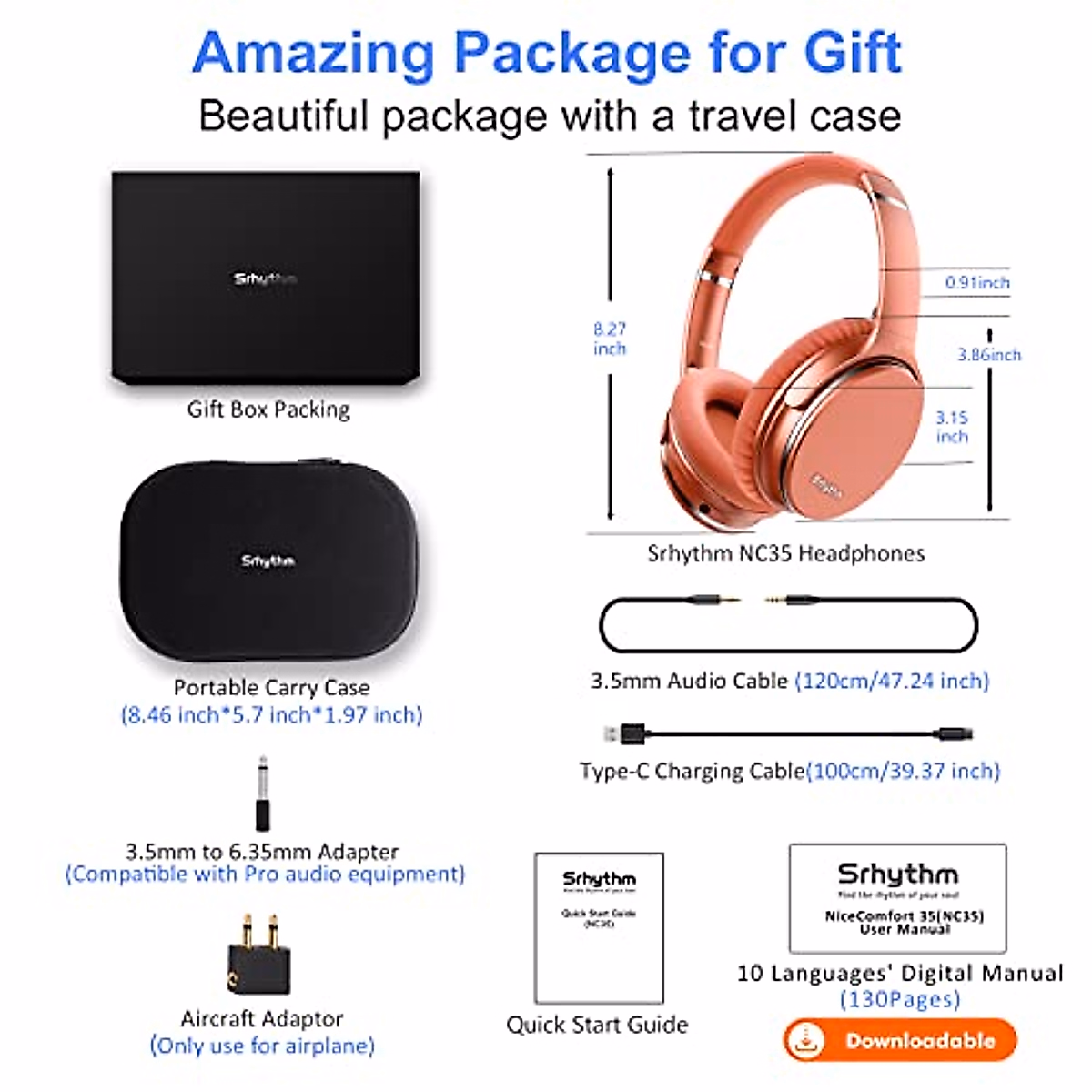 Srhythm NC35 Noise Cancelling Headphones Wireless Bluetooth 5.0, Fast Charge Over-Ear Lightweight Headset with Microphones, Mega Bass 50+ Hours’ Playtime