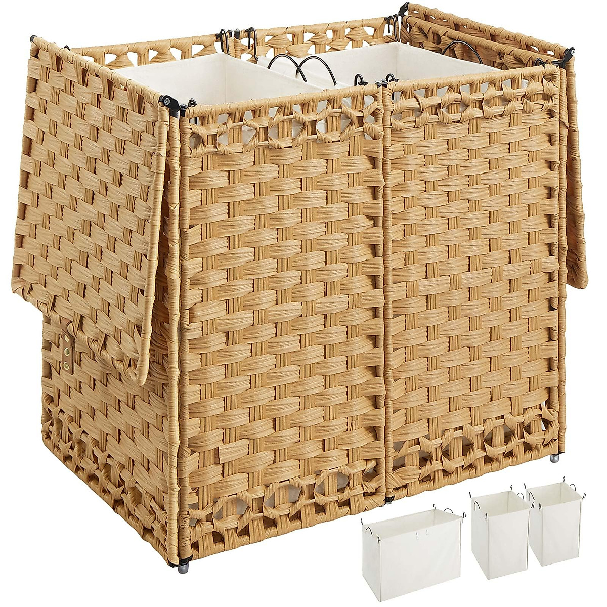 Greenstell Laundry Hamper with Lid and 2 & 1 Removable Liner Bags, No Install Needed, 130L Collapsible Laundry Basket, Wicker Clothes Hamper with Handles, Hamper for Bedroom, Bathroom, Goose Yellow