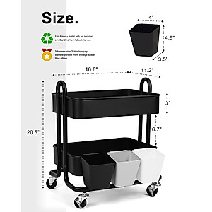 2-Tier Rolling Cart with Wheels, G-Hemobel Metal Utility Cart with 3 Hanging Cups and 2 Lockable Wheels, Organizer Cart with Multi-Functional Storage, Black