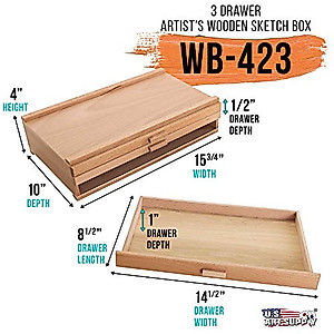 U.S. Art Supply 3-Drawer Artist Wood Pastel, Pen, Marker Storage Box