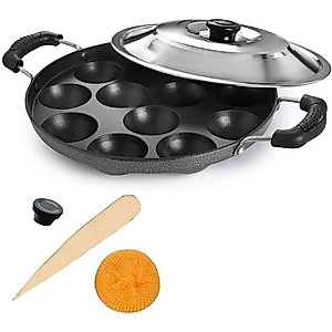 YADNESH Nonstick Aluminum Appam Pan, 12 Pits, Includes Lid, Easy to Clean, Dimension: Length 9", Width 9", Height 2"