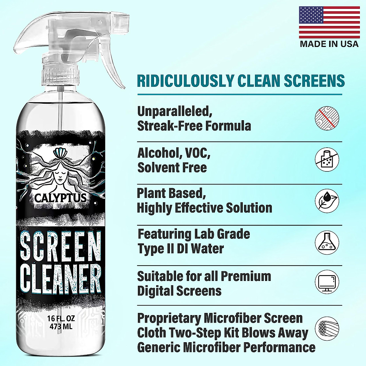 Calyptus Screen Cleaner Spray Kit | (2X) 16oz Sprayer Bottle + (4X) XL Microfiber Cleaning Cloth | Alcohol Free | Phone, Laptop, TV Screen, iPad, iPhone, MacBook Pro, Computer Monitor, Car Screen