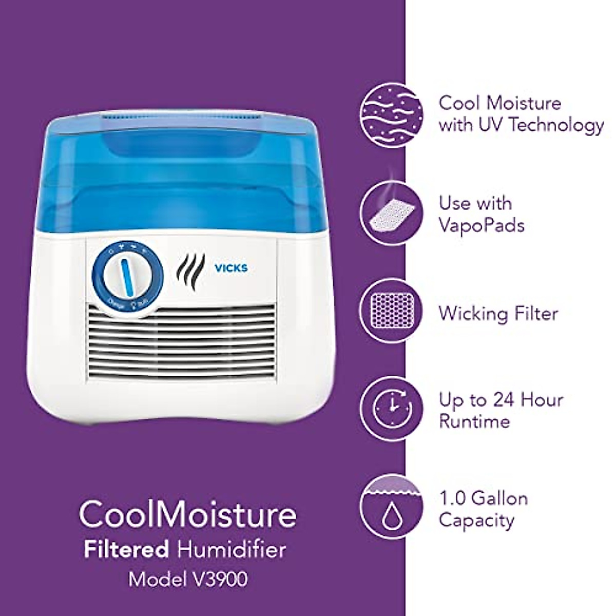 Vicks V3900 Cool Mist Humidifier, Medium Room, Humidifier for Baby and Kids Rooms, Bedrooms and More