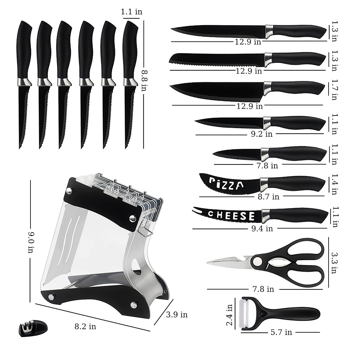Numola Kitchen Knife Set, 20 Pieces Black Nonstick Cooking Knife Set with Block & Sharpener, Super Sharp Stainless Steel Professional Chef Knife Set with Acrylic Stand for Family Restaurant Apartment