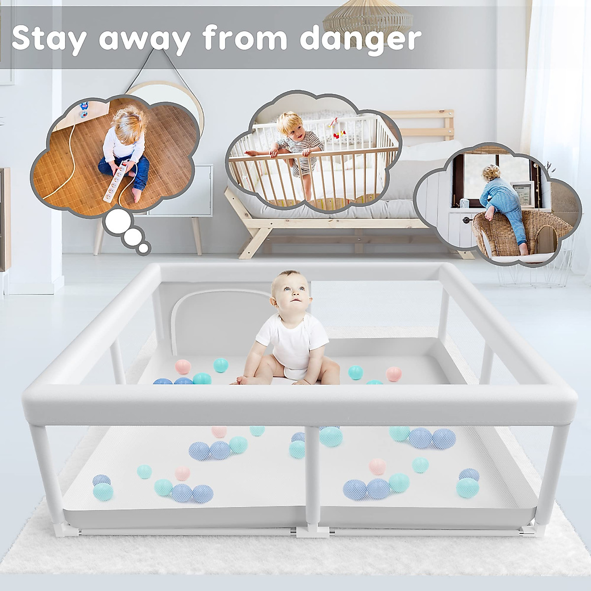 Baby Playpen Baby Playard, Playpen for Babies and Toddlers with Gate, 51x51" Small Baby Fence, Sturdy Safety Playpen, Indoor & Outdoor Kids Activity Center (with Anti-Slip Base) Silver Gray