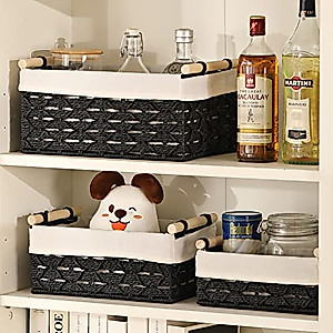 Vagusicc Wicker Baskets for Shelves, Hand-Woven Round Paper Rope Wicker Storage Basket with Cotton Liner and Wooden Handles, Woven Storage Basket for Organizing & Decor, Black, 3-Pack