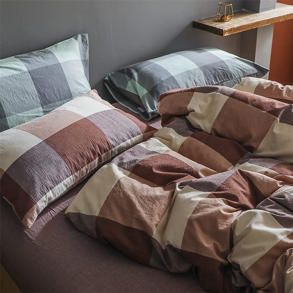 NSNLGSGC Khaki Plaid Cotton Duvet Cover Set Twin, Rust Buffalo Checkered Washed Cotton Bedding Set,Caramel Plaid Durable & Breathable Comforter Cover Set(2PCS, Twin)