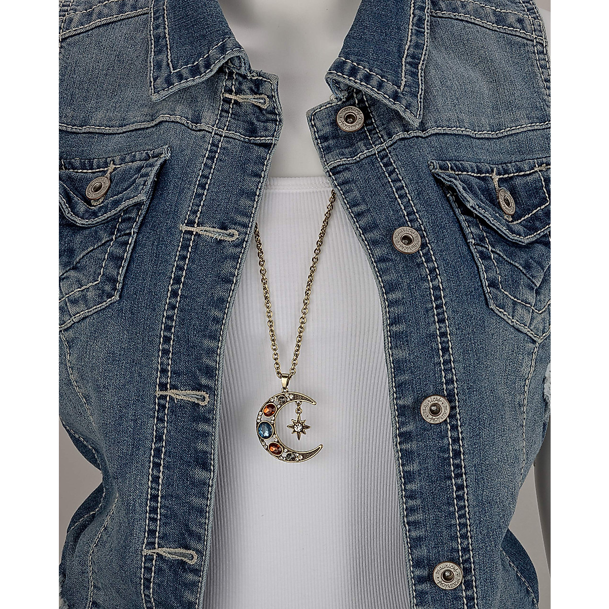 SPUNKYsoul Boho Antique Gold Tribal Crescent Moon Faceted Crystal Long Necklace for Women