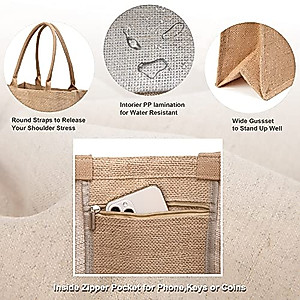 BeeGreen 6 Pack Burlap Tote Bags Bulk Laminated Interior W16.5“×H13”×D7.25“ X-Large Jute Tote Beach Bags w Inner Zipper Pocket & Handles for Mother's Day Teacher Bridesmaid Wedding Gift Bags for DIY