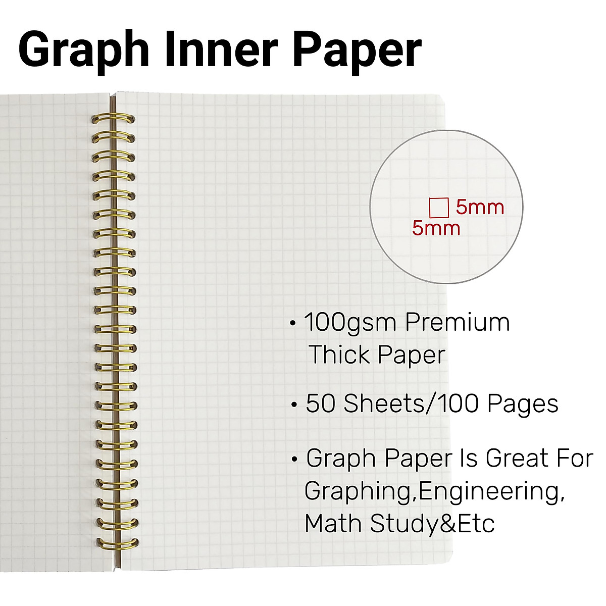 AOU 5-Pack Graph Paper Spiral Notebook with 100gsm Thick Paper, Hard Cover Grid Journals with Total 500 Grid Pages, 8.3"x5.7", Graphing Notebooks for School&Office Supplies (Brown)